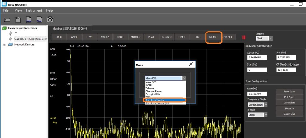 Spectrum Monitor (waterfall chart) in EasySpectrum software - Siglent